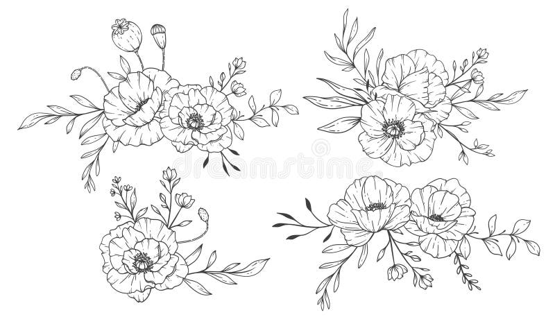 Poppy Flower Line Art, Fine Line Poppy Bouquets Hand Drawn Outline ...