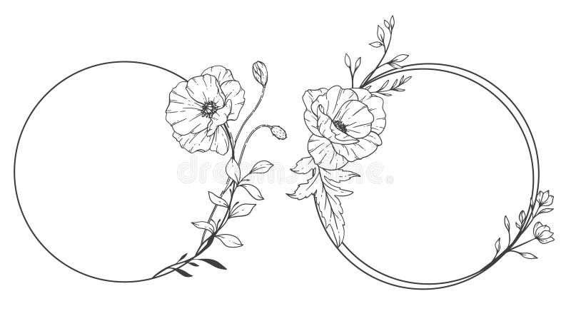 Floral Frames Line Art, Fine Line Poppy Frames Hand Drawn Illustration ...