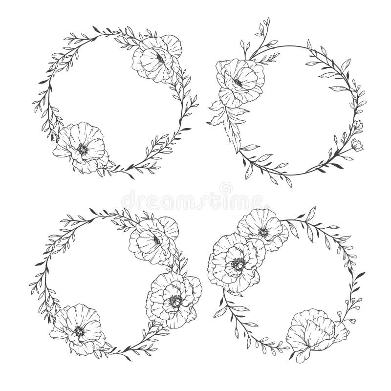 Floral Frames Line Art, Fine Line Poppy Frames Hand Drawn Illustration ...