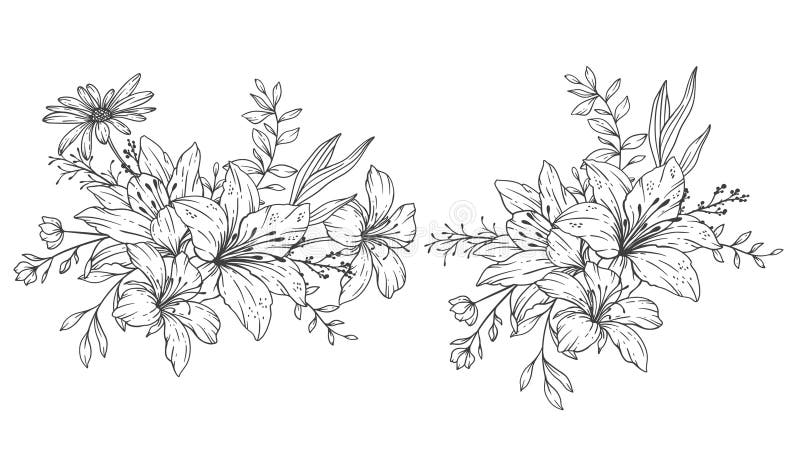 Wildflowers Line Art, Fine Line Wildflower Bouquets Hand Drawn ...