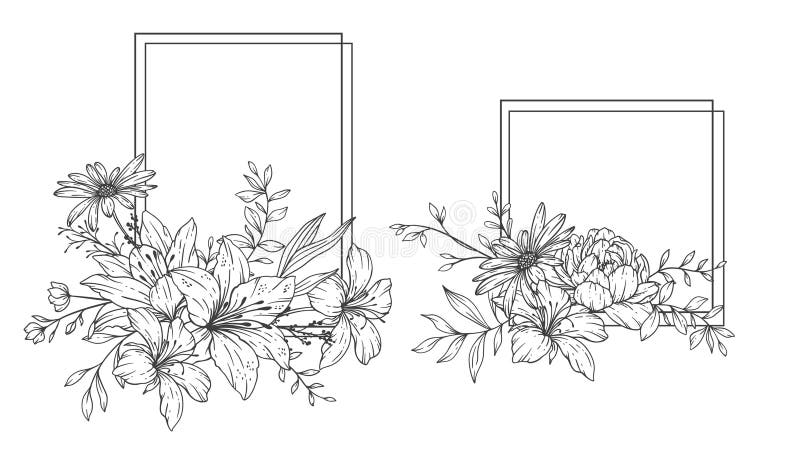 Floral Frames Line Art, Fine Line Wildflower Frames Hand Drawn Outline ...