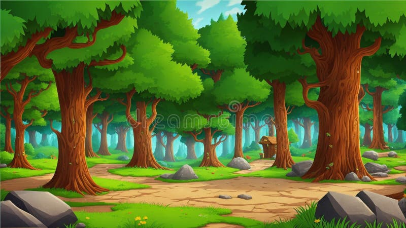 A Cartoon Forest Scene with Rocks and Trees, Forest Background Stock ...