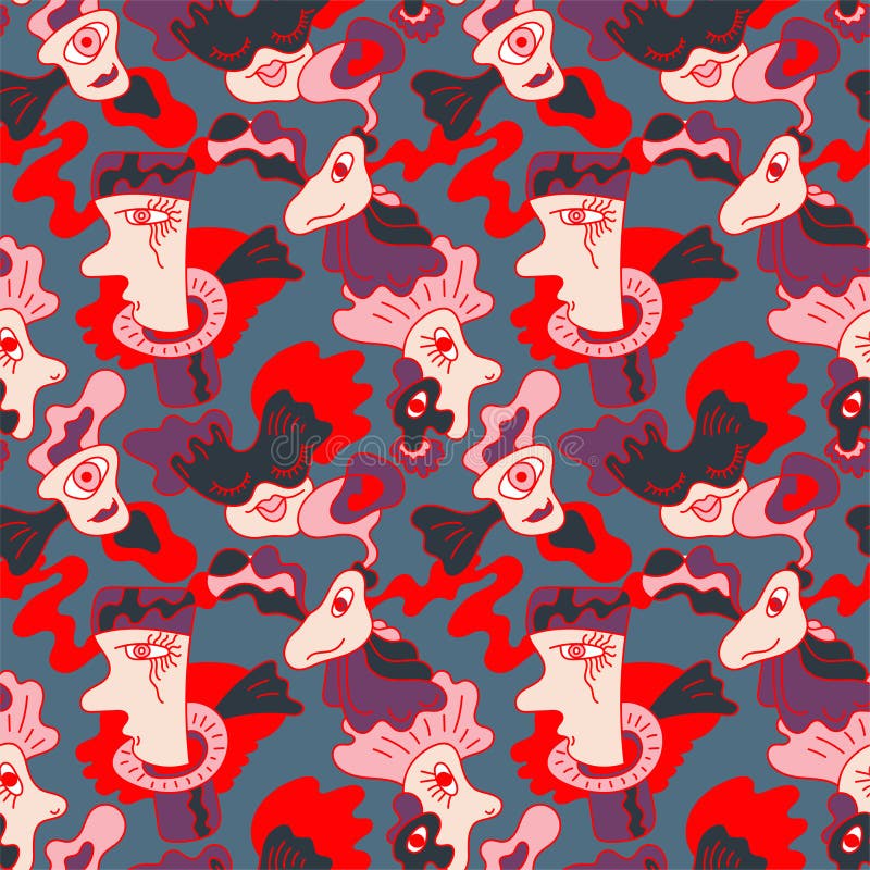 Abstract Vector Seamless Psychedelic Pattern with Surreal Faces Stock ...