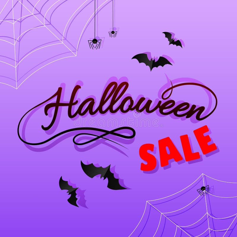 Halloween Sale Text with Bats and Spider on a Violet Background Stock ...