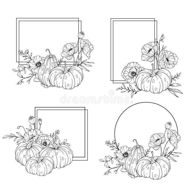 Thanksgiving Frame Outline. Pumpkins Line Art Illustration, Outline ...