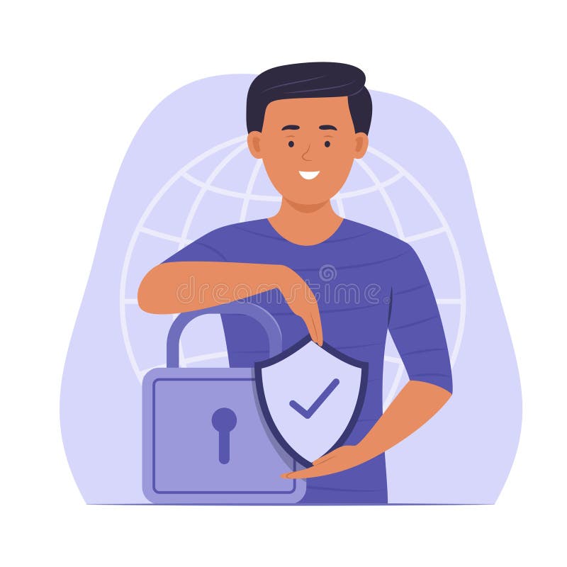Man and Encryption Cyber Shield with Padlock for Cyber Security Concept ...
