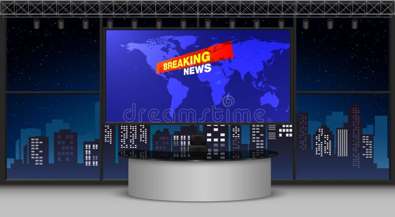 White Table and Lcd Tv in the News Studio Room with City in the Night ...