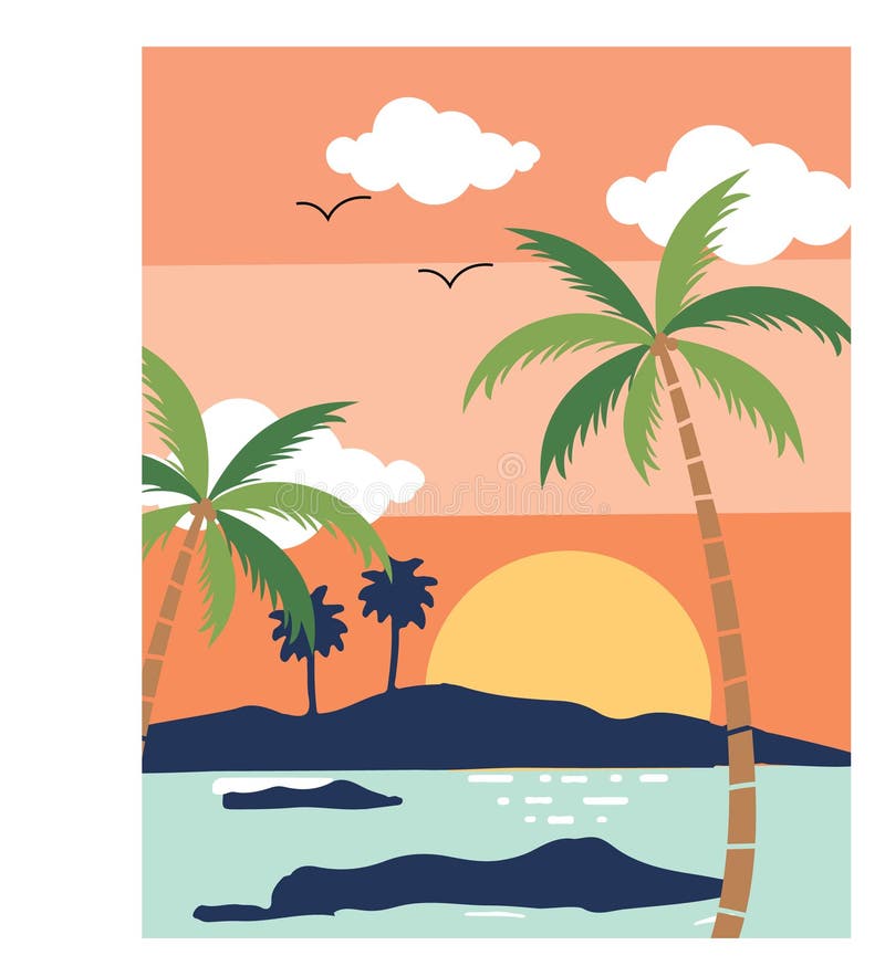 Vector Illustration of a Tropical Beach Sunset View, Sunset View Stock ...