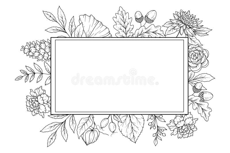 Fall Floral Frame Outline. Fall Foliage Line Art Illustration, Outline ...