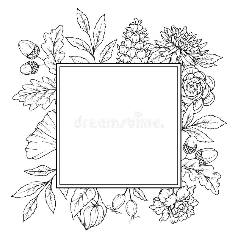 Fall Floral Frame Outline. Fall Foliage Line Art Illustration, Outline ...