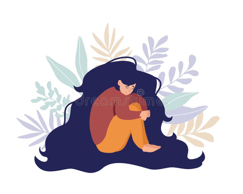 Hand Painted Unhappy Young Woman Sitting and Hugging Herself in ...