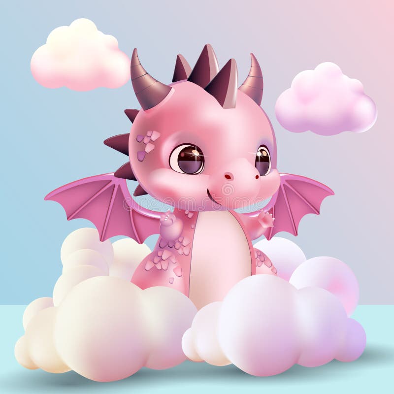 Cute Pink Dragon in the Clouds. Vector 3d Stock Vector - Illustration ...