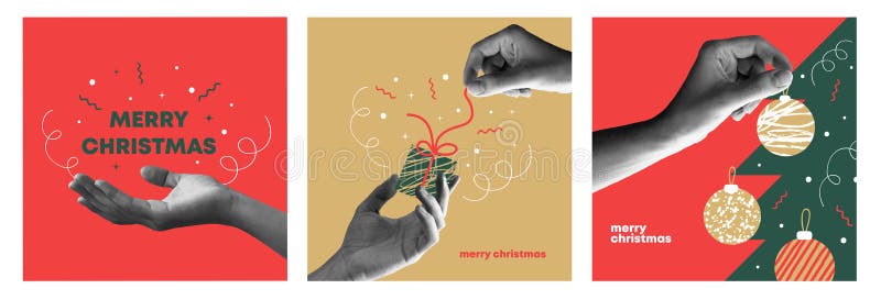Merry Christmas Collage Design. with Hands Holding Christmas-tree Toy ...