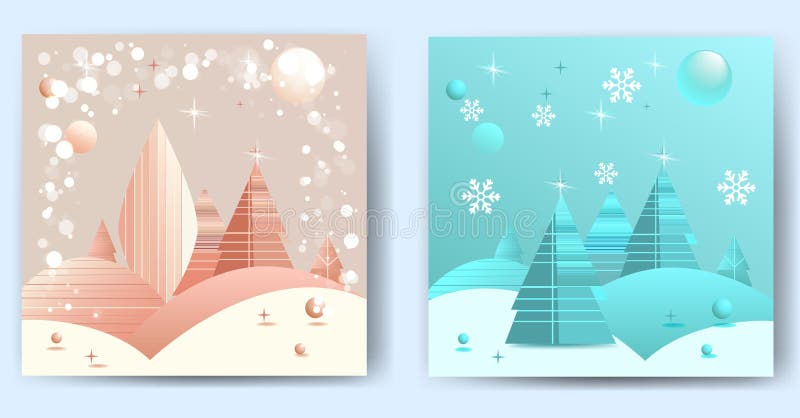 Set of Abstract Winter Landscapes with Snowflakes Stock Vector ...
