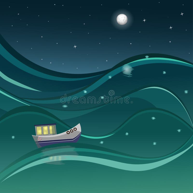 Boat in the night sea stock illustration. Illustration of dream - 297674109