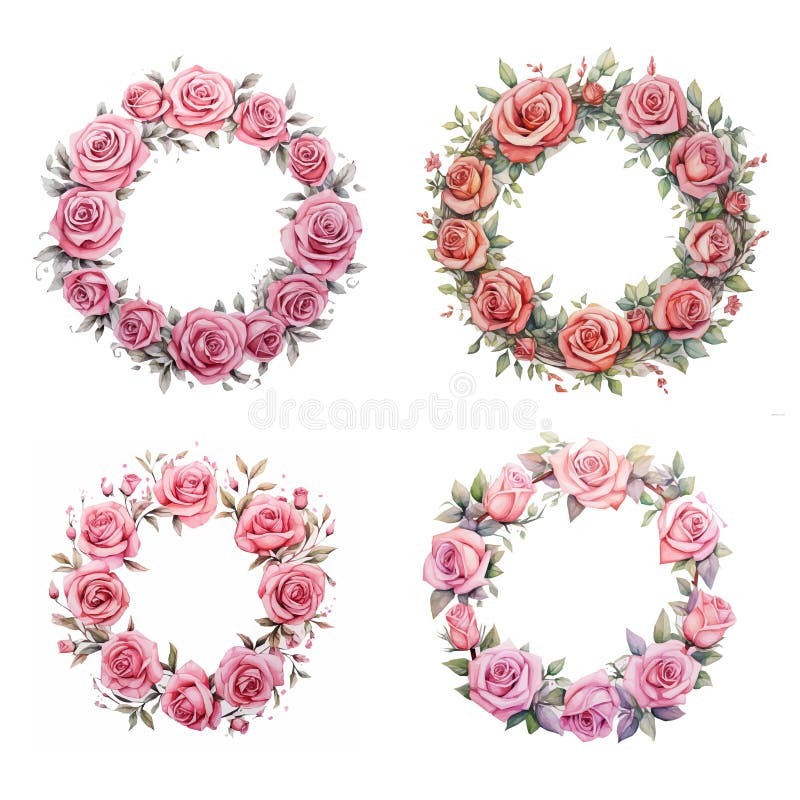 Watercolor Set of Flower Wreath Freedom Rose Red and Leaves Stock ...
