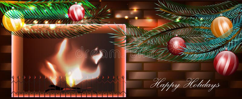 Burning Fireplace and Decorated Christmas Tree. Christmas Composition ...
