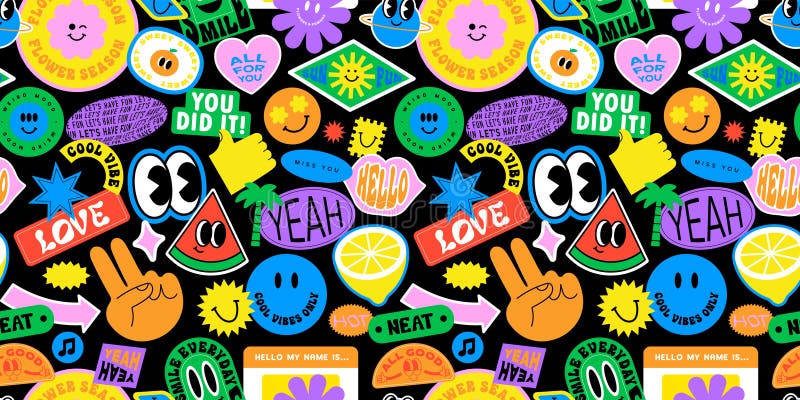 Funny Smiling Happy Face Colorful Sticker Label Seamless Pattern Stock ...