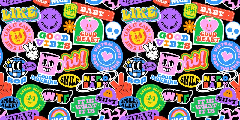 Funny Smiling Happy Face Colorful Sticker Label Seamless Pattern Stock ...