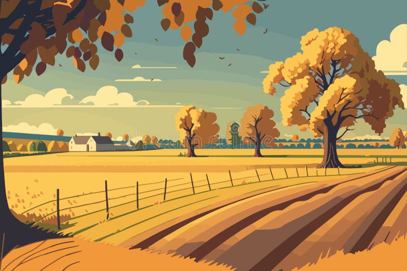 Beautiful Autumn Rural Landscape with Farm Fields, Vector Illustration ...