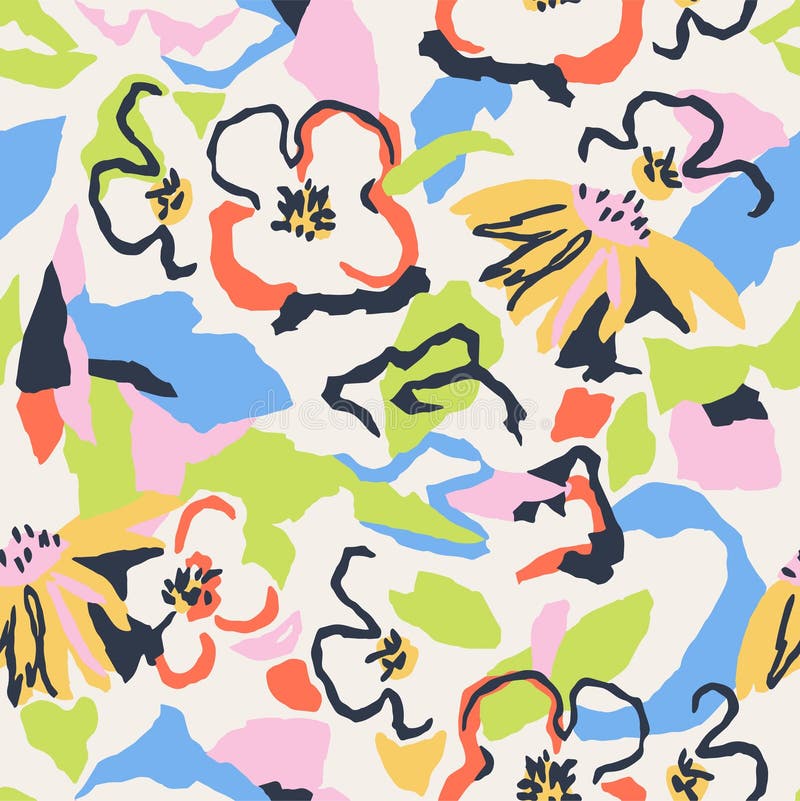 Vector Hand Drawing Abstract Flower Doodle Illustration Seamless Repeat ...