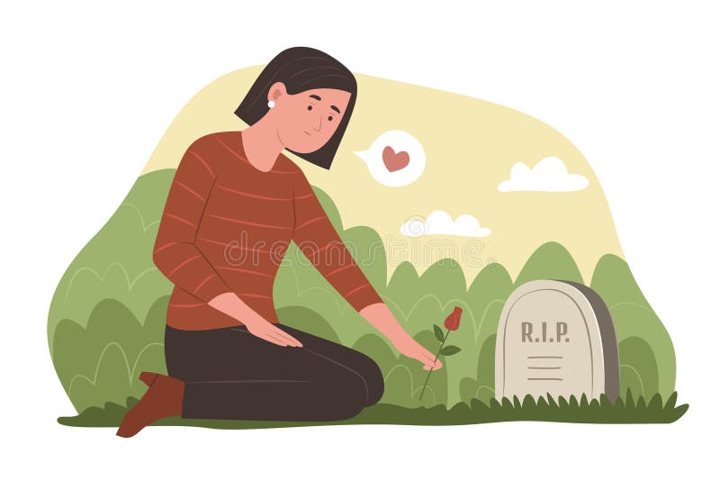 Mourning Woman Sitting in Front of a Grave in a Cemetery Stock Vector ...