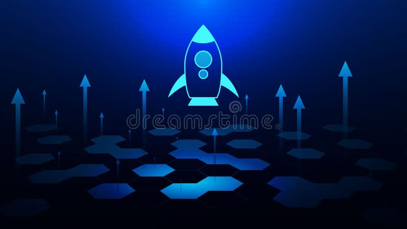 Business Growth Up Concept with Rocket Ship Launch, Up Arrow and ...