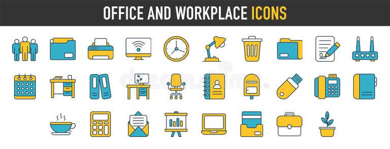 Office and Workplace Icon Set. Containing Briefcase, Desk. Stock Vector ...