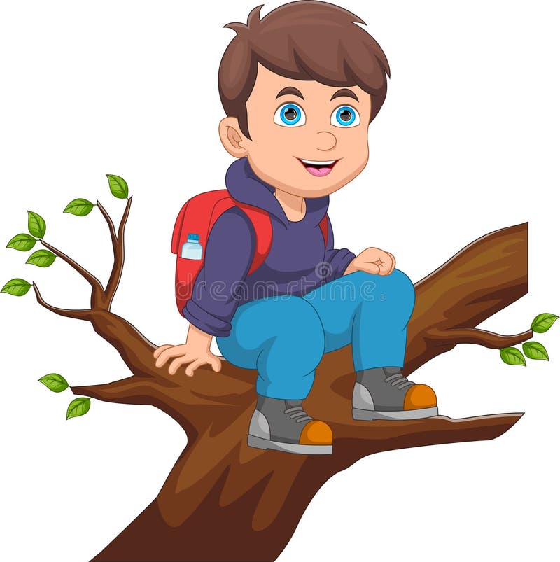 Adventure Boy Sitting on Tree Cartoon Stock Vector - Illustration of ...
