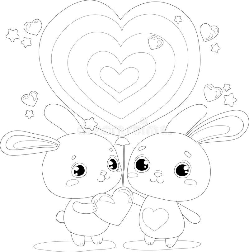 Cute Graphic Cartoon Bunny with Hearts and Balloon Sketch Template ...