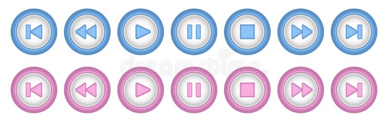 Pink and Blue Round Music Control Buttons Set. Play, Pause, Rewind ...