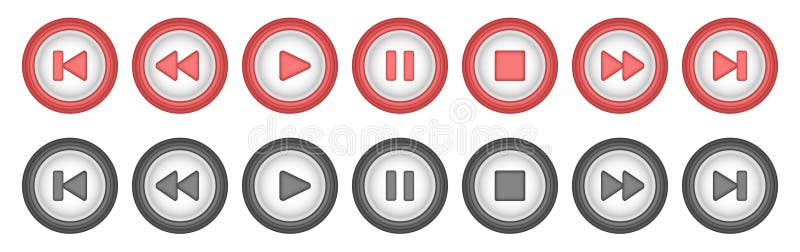 Red and Black Round Music Control Buttons Set. Play, Pause, Rewind ...