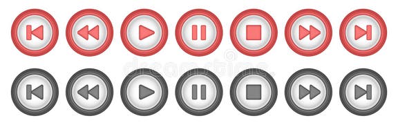 Red and Black Round Music Control Buttons Set. Play, Pause, Rewind ...