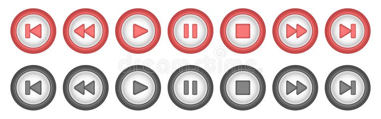 Red and Black Round Music Control Buttons Set. Play, Pause, Rewind ...