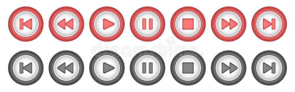 Red and Black Round Music Control Buttons Set. Play, Pause, Rewind ...