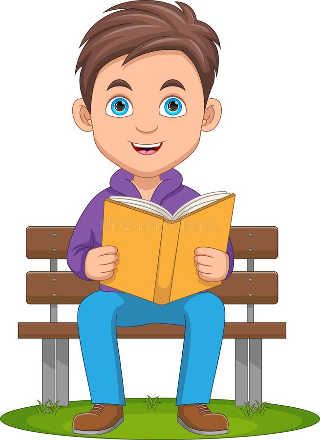 Cute Boy Reading a Book while Sitting on a Bench Stock Vector ...