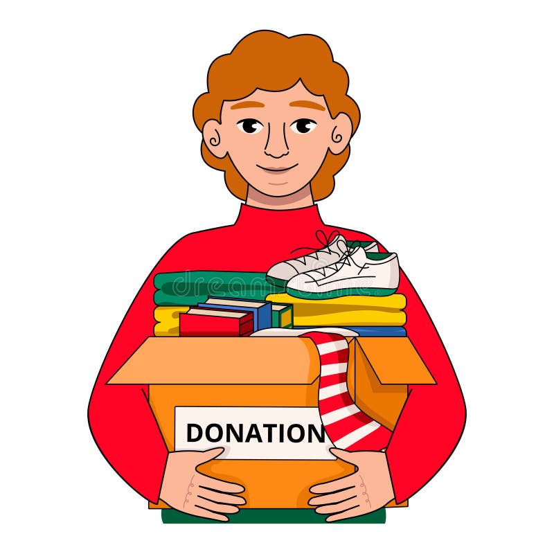 Man Holds a Box of Items for Donation. Help. Clothes, Books, Shoes ...
