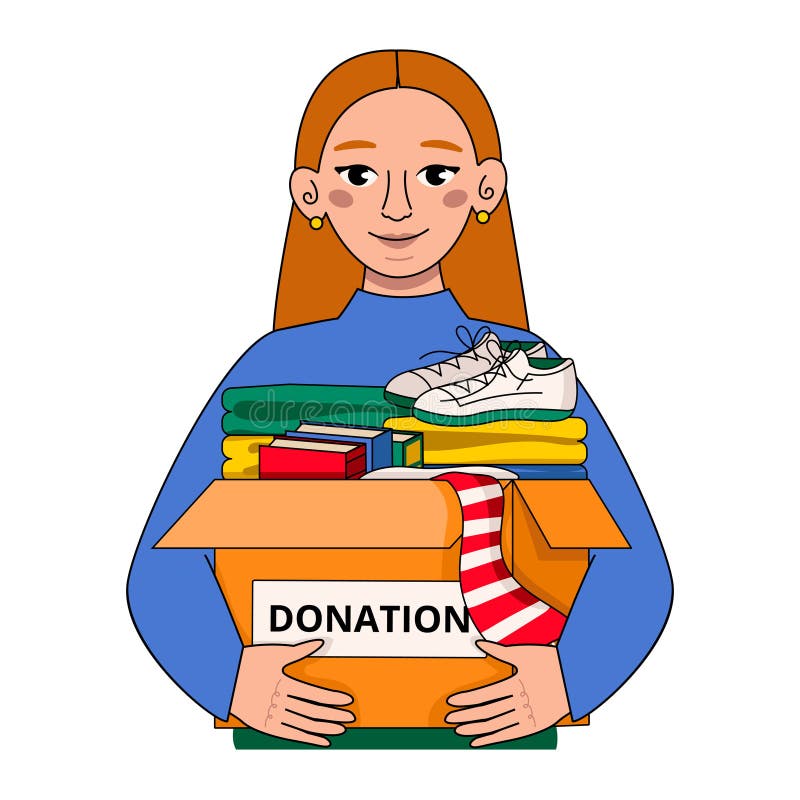 Woman Holds a Box of Items for Donation. Help. Clothes, Books, Shoes Stock Vector - Illustration ...