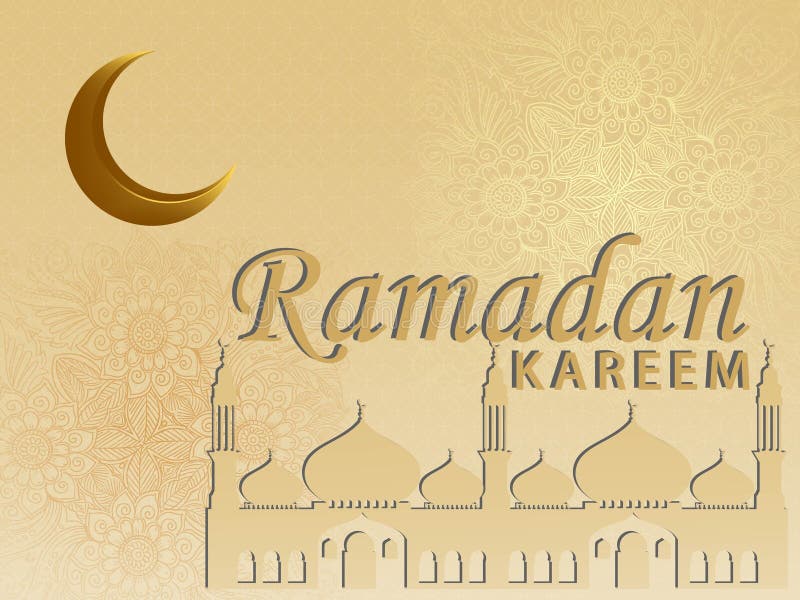 Golden Ramadan Mubarak Font with Illuminated Moon and Silhouette Mosque ...
