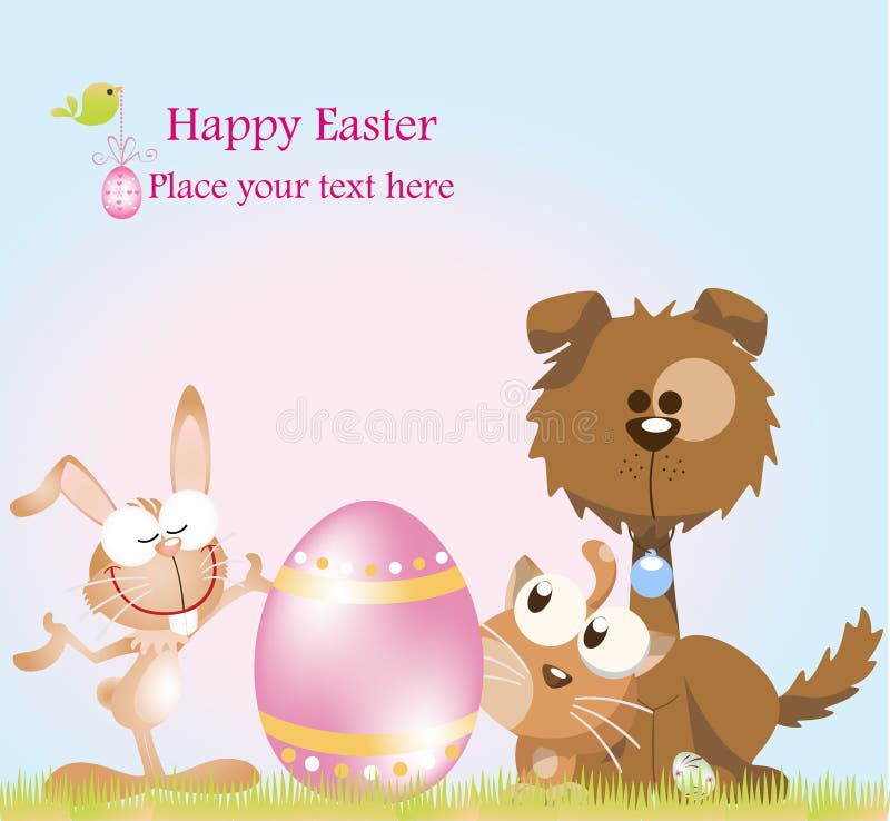 Happy Easter Card with Cute Animals and Decorated Eggs Stock Vector ...
