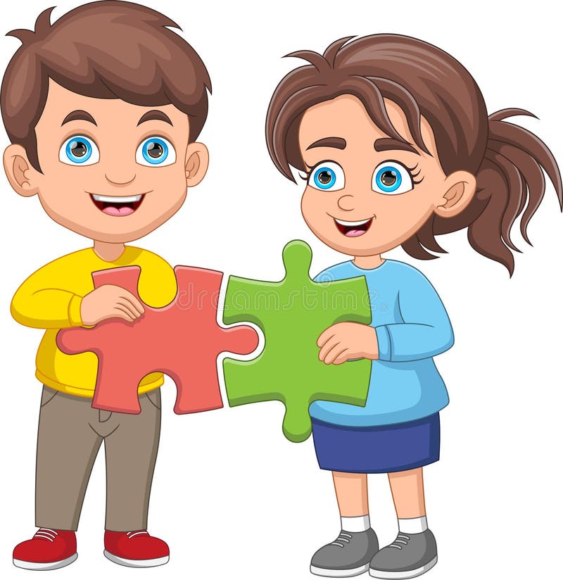 Happy Cute Kids Play Solving Puzzles Together Stock Vector ...