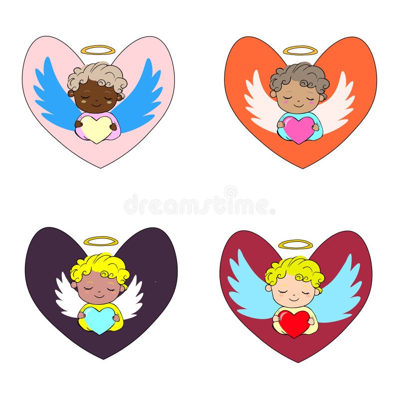 Set of Cute Cartoon Angels with Wings and Hearts. Stock Vector ...