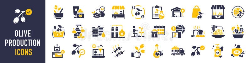 Olive production icon set. stock vector. Illustration of packaging ...
