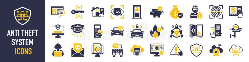 Anti Theft System Icons Set. Stock Vector - Illustration of firewall ...