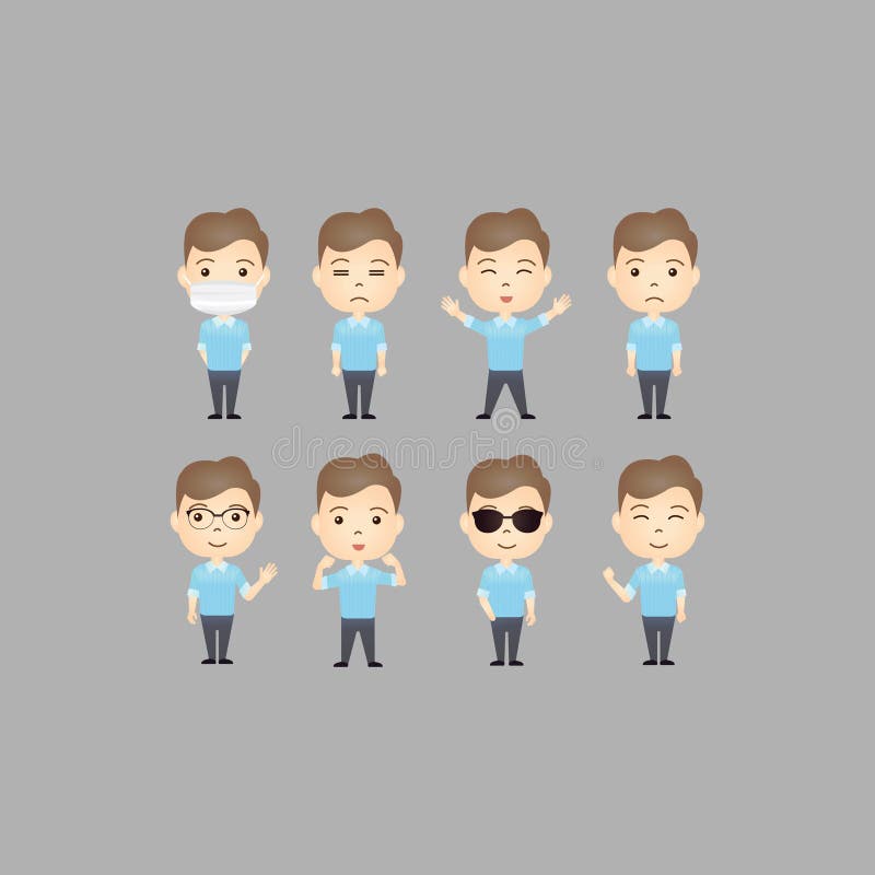 Caucasian Cartoon Characters with Various Movements and Emotional ...