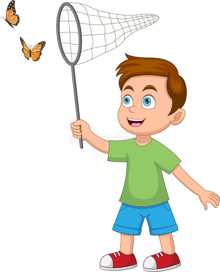 Little Boy Catching Butterflies with Net Stock Vector - Illustration of ...