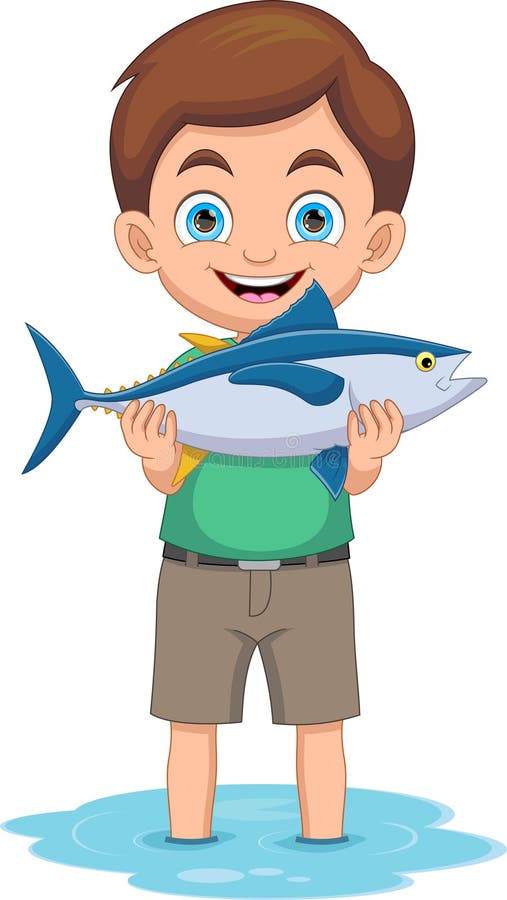 Little Boy Shows that he Got a Big Fish in the River Cartoon Stock ...