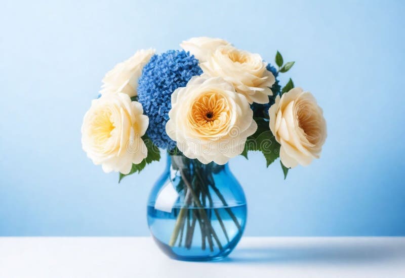 Beautiful Flowers of Cream and Blue Colors in a Glass Vase Stock Image ...