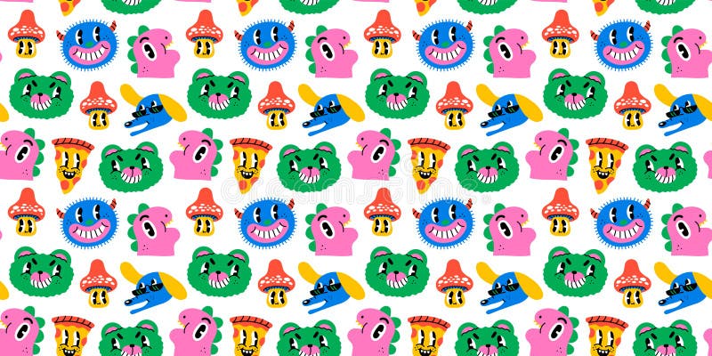 Trendy Trippy Retro Cartoon Character Seamless Pattern Stock Vector ...