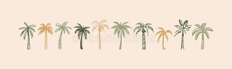Hand Drawn Palm Tree Doodle Element Set Stock Vector - Illustration of ...